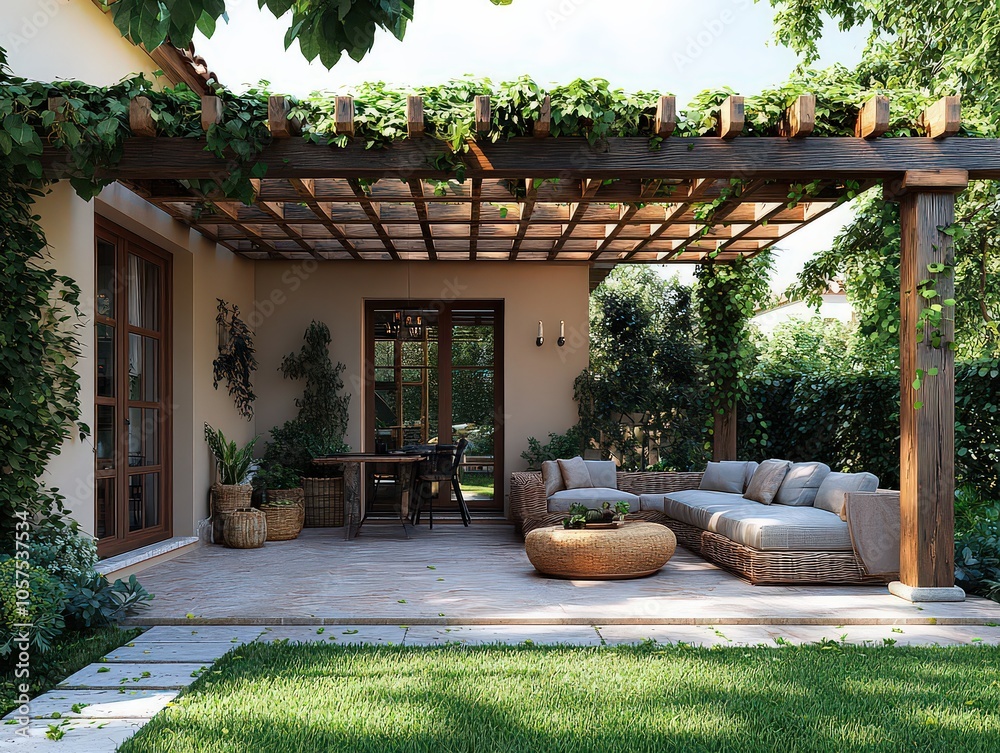 Pergola with wooden beams over windows or terraces, often draped in ...