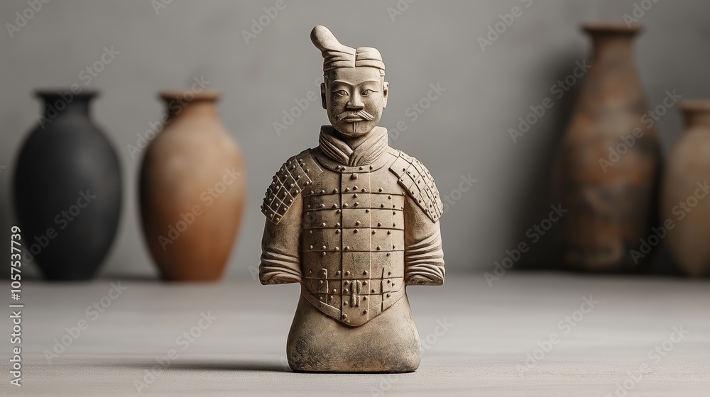 Terracotta warrior sculpture with traditional armor and ancient pottery ...