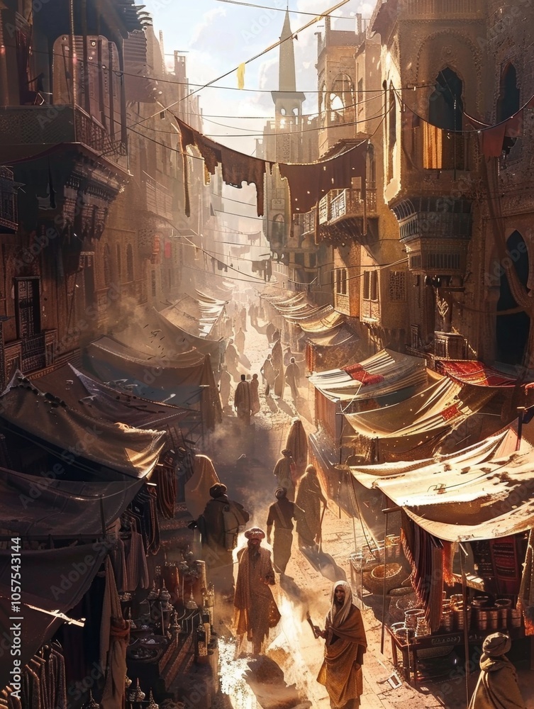 The image captures a vibrant street market scene, set in what appears ...