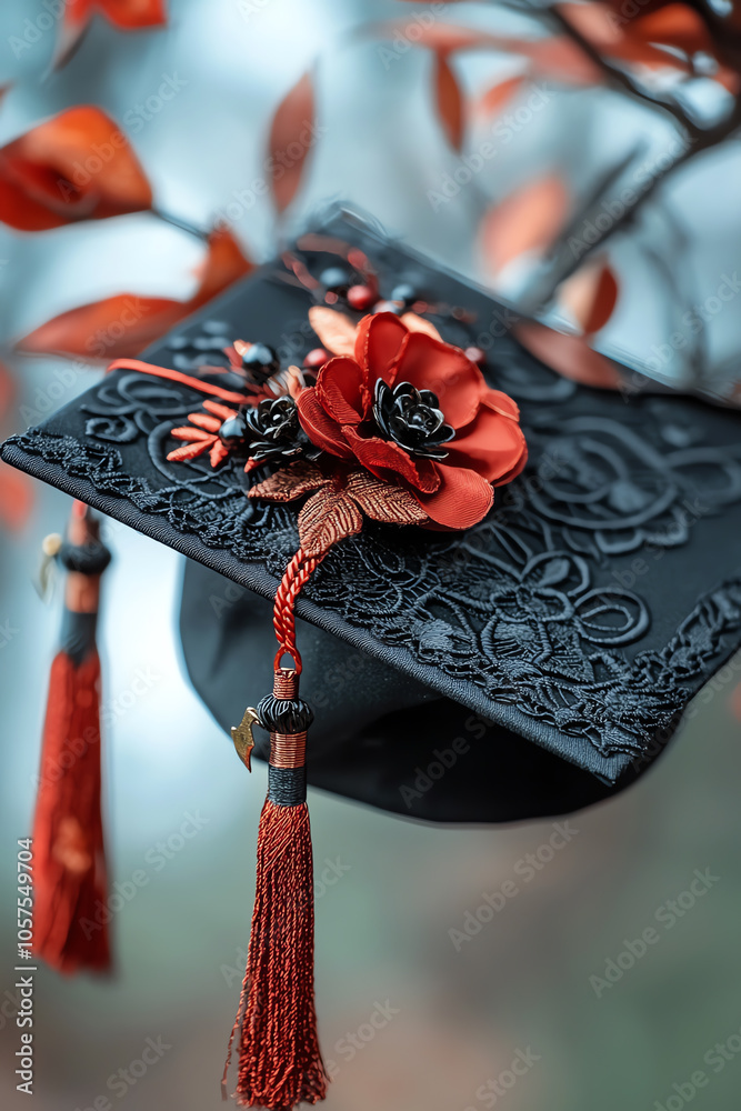 Elegant gothic graduation cap with intricate lace and dark floral ...