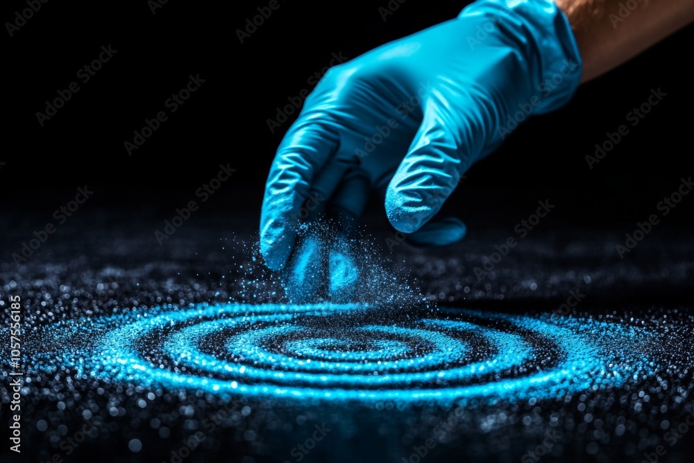 Person wearing protective gloves and carefully dusting for fingerprints ...