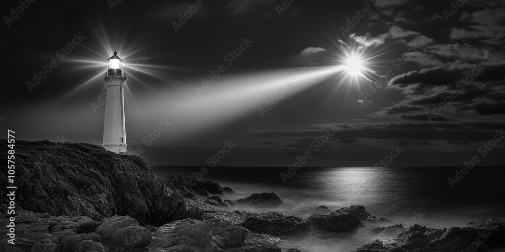A lighthouse shines its beam of light into the dark sea, illuminating ...