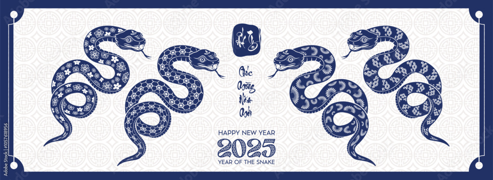 A collection of blue snake vectors with traditional floral designs ...