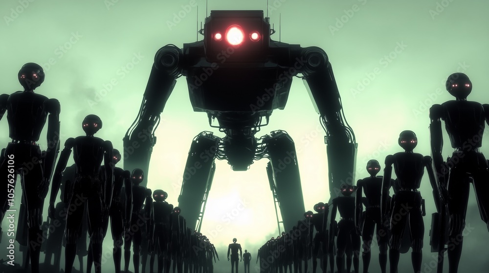 Photo Stock Rows of humanoid robots with glowing red eyes are standing ...