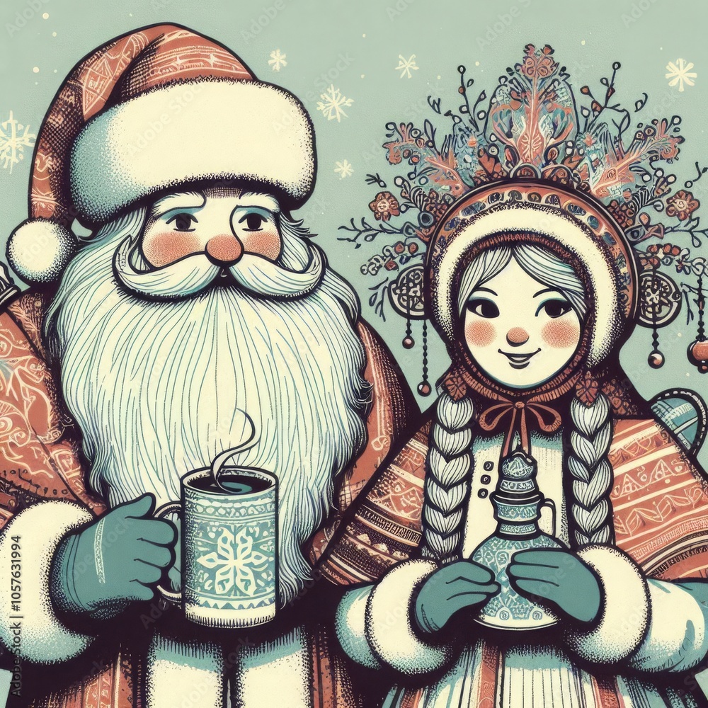 Russian Folklore Santa and Maiden Stock Illustration | Adobe Stock