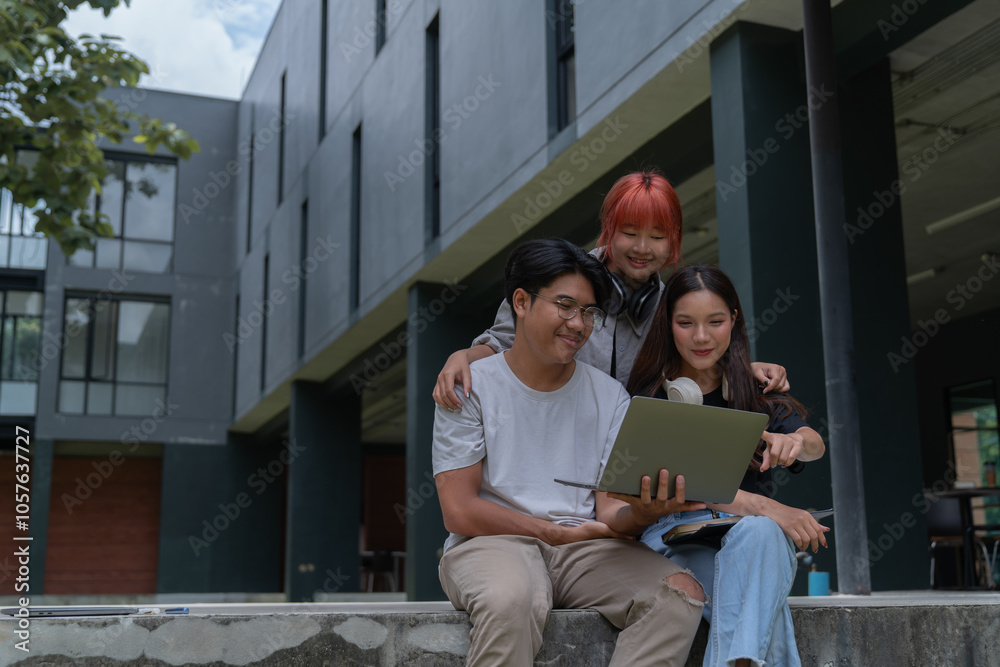 Three cheerful asian students are sitting together outside their ...