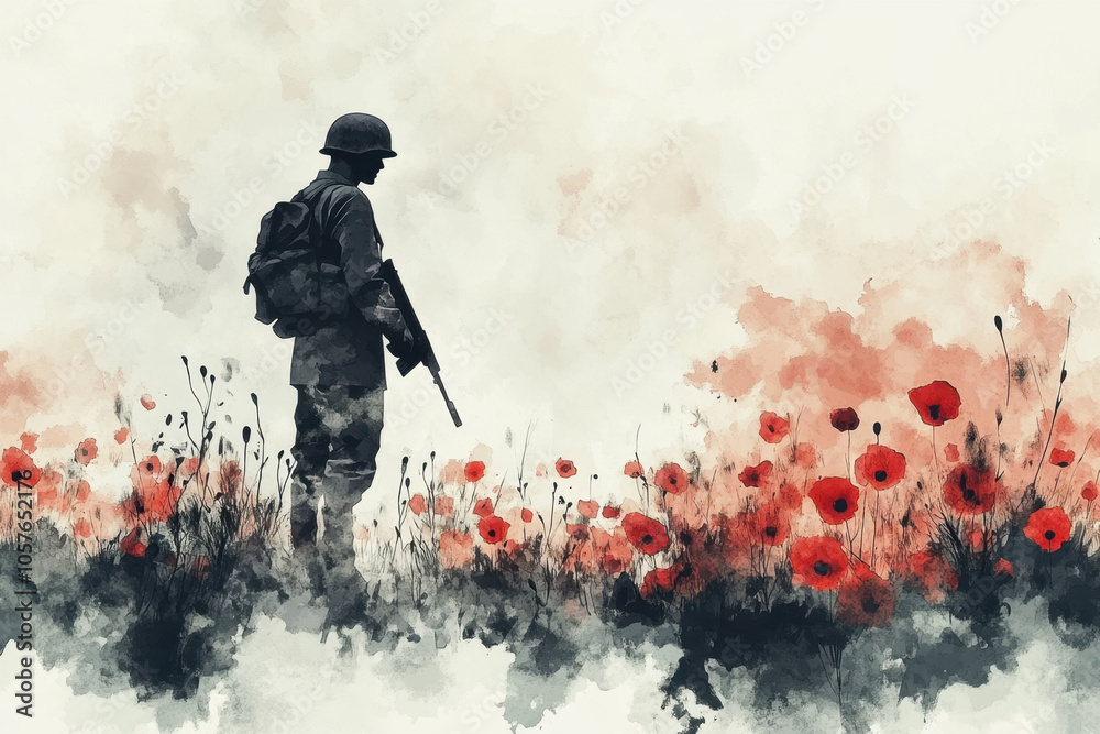 Silhouette of soldier standing in red poppies flowers. Remembrance Day ...