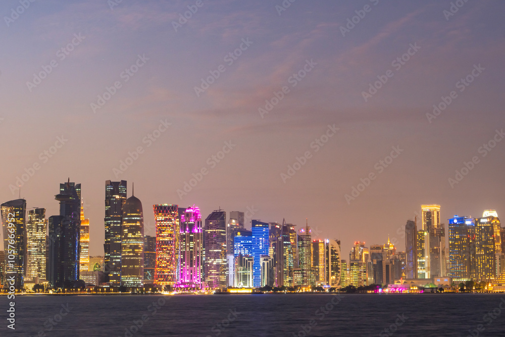 Doha Corniche Beach and Skyscrapers Night Time Photo, Doha Qatar Stock ...
