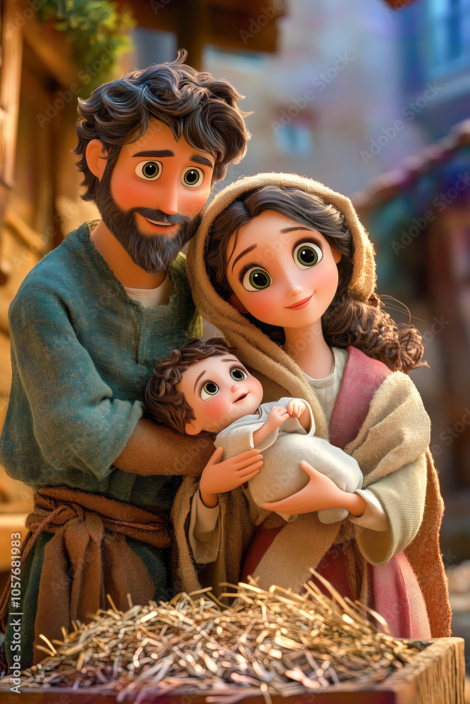 Cartoon image of Virgin Mary and St. Joseph with baby Jesus in their ...