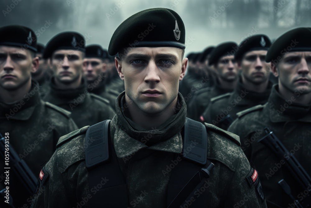 Soldiers standing together in formation wearing camouflage uniforms and ...