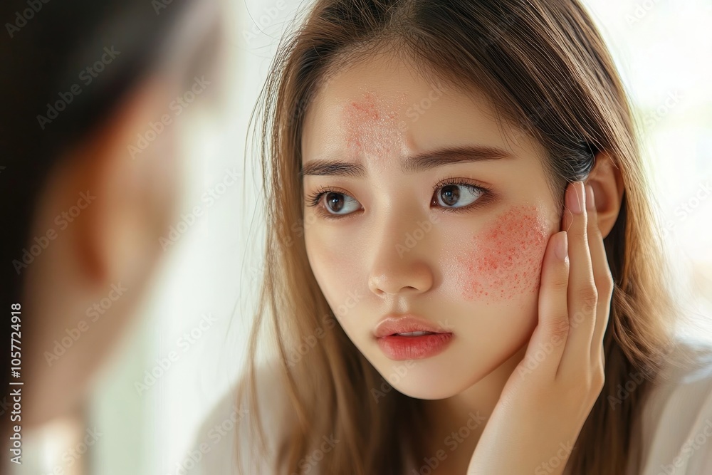 Asian young woman looking face skin in the mirror have a red rash on ...