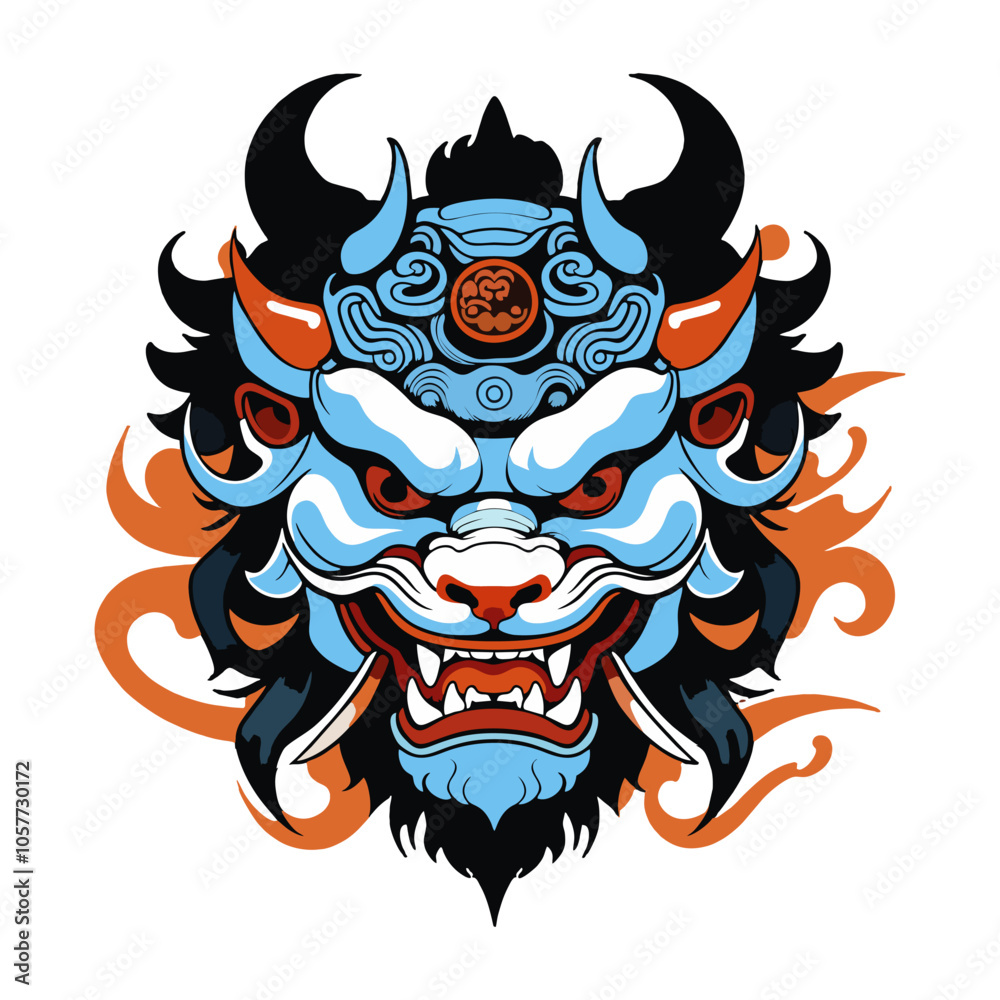 Drawing tattoo sketch with mask of foo dog, oni, samurai, yakuza, demon ...