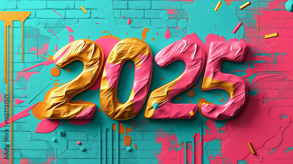 New year 2025 is depicted in gold and pink 3D digits on a turquoise ...