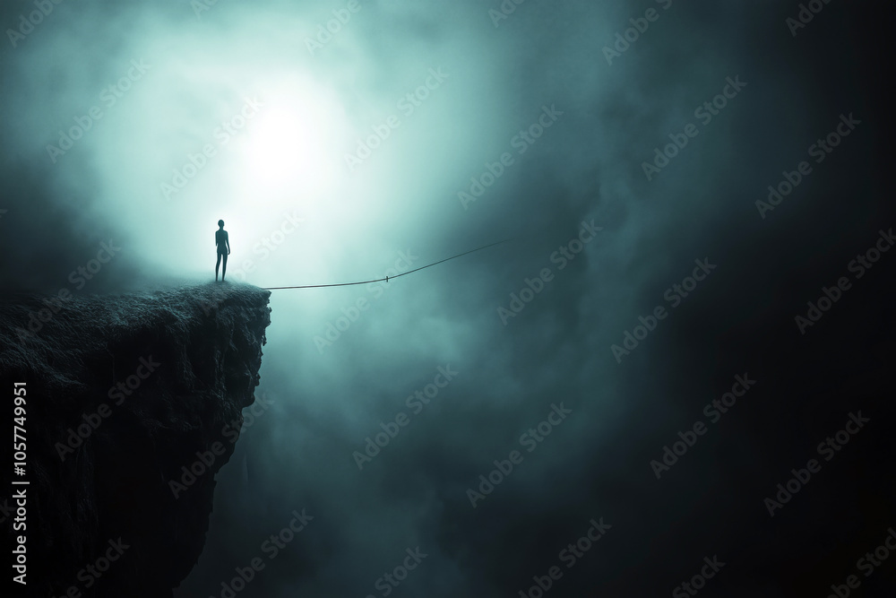 A person standing on a thin tightrope over a dark abyss, representing ...