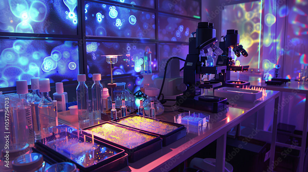Advanced laboratory setup with microscopes, glass containers, and ...