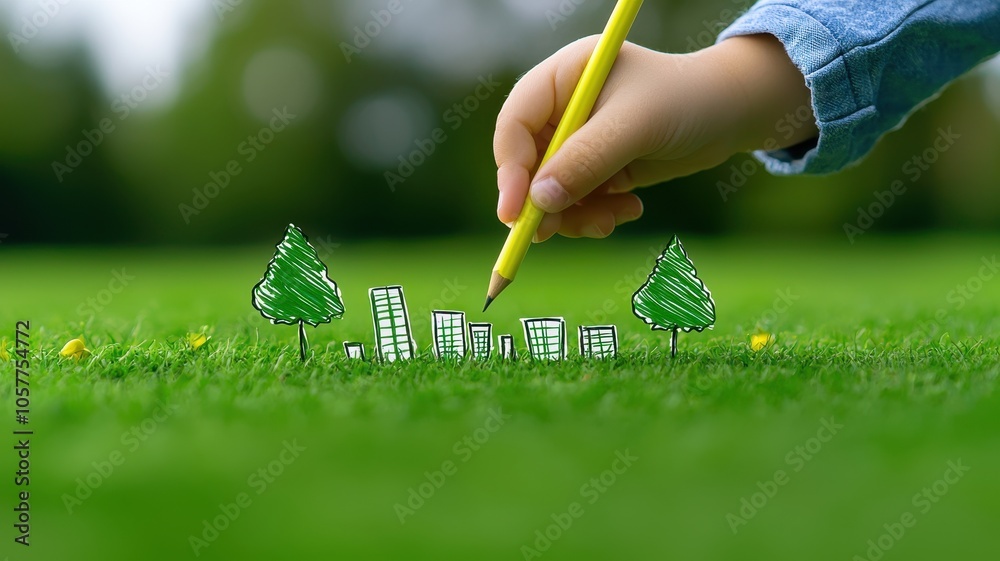 Hand drawing miniature buildings and trees in green grass. Stock Photo ...