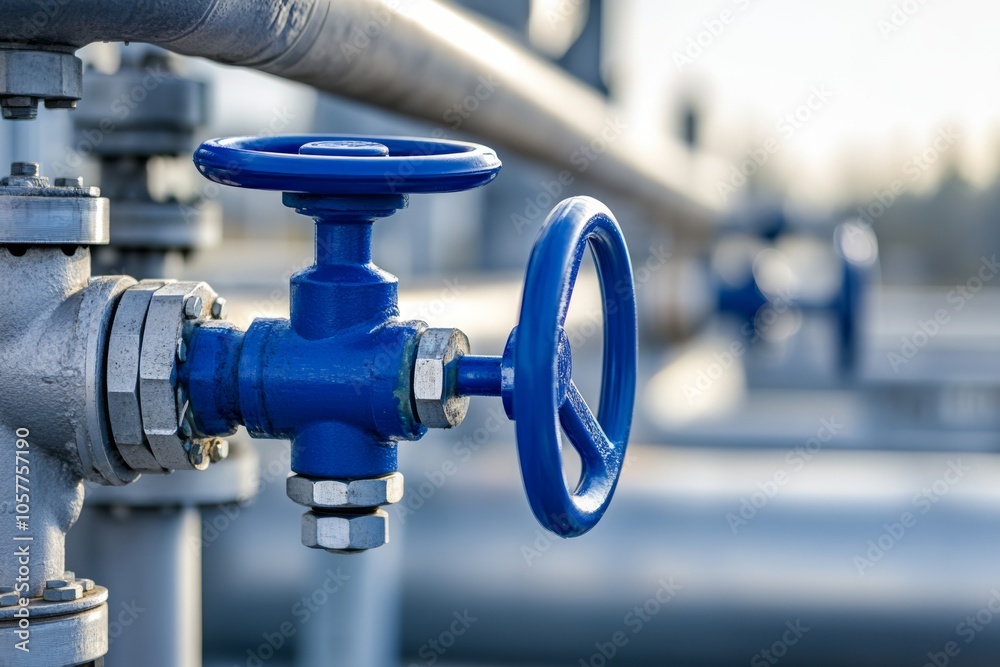 Water pipes and pressure control industrial system. Blue closing valve ...