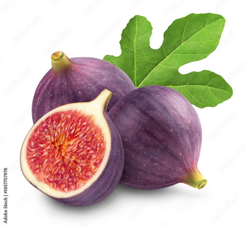 Ripe fig and half of fig with leaf isolated on transparent background ...