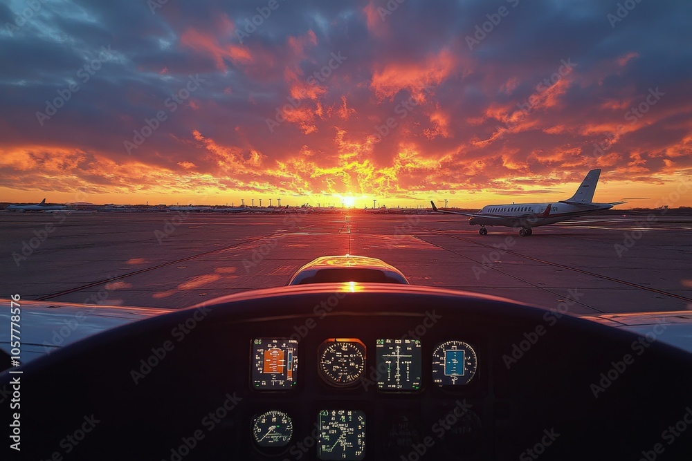 Sunset view from cockpit with small aircraft on runway at airport ...