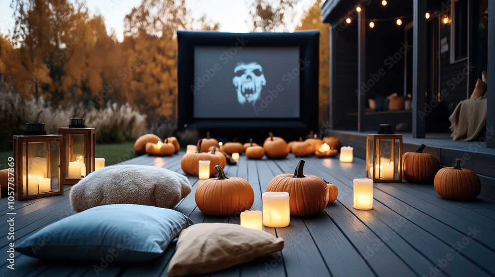 Outdoor autumn movie night setup with projector screen, pumpkins ...