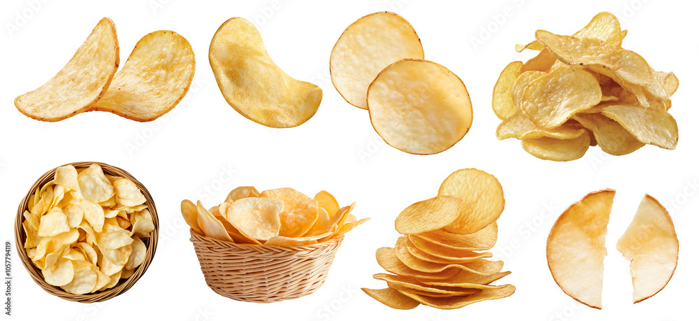 Potato chip chips, many angles and view side top front heap broken pile ...