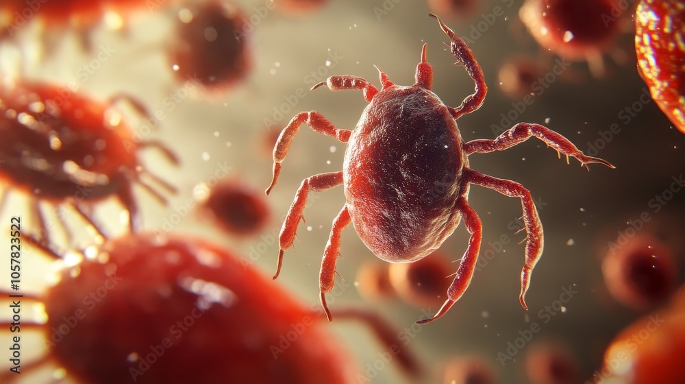 This image captures a detailed close-up of a red tick, showcasing its ...