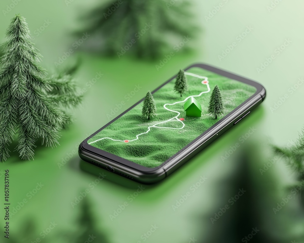 A smartphone with a GPS display showing a hiking trail map, complete ...