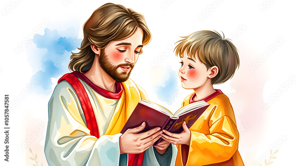 Jesus Christ reading to boy in a colorful and heartwarming watercolor ...