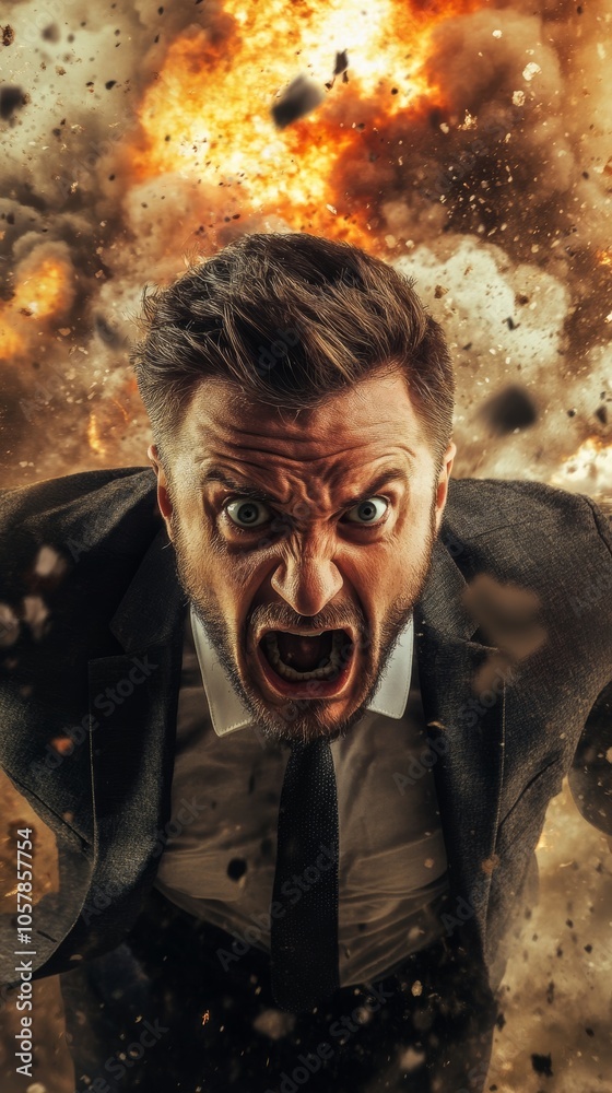 Angry businessman screams with an explosion behind him, showing stress ...