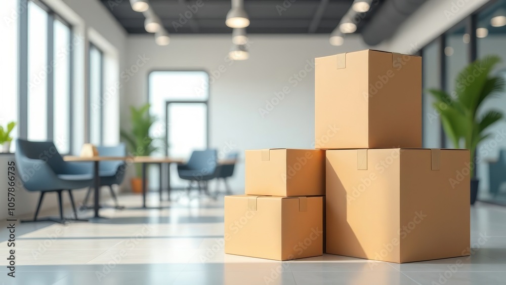 Cardboard boxes stacked in a modern office space with well-lit windows ...