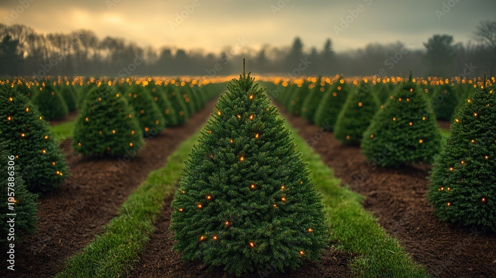 Christmas tree farm with families selecting their trees, representing ...