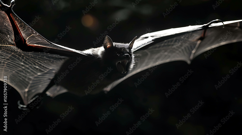 A black bat with its wings spread wide is flying in the night sky. The ...