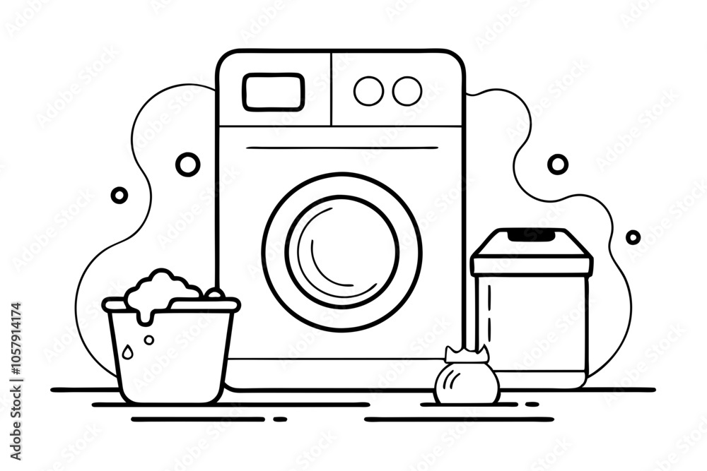 Laundry Day Line Drawing Washing Machine and Hamper Art Stock Vector ...