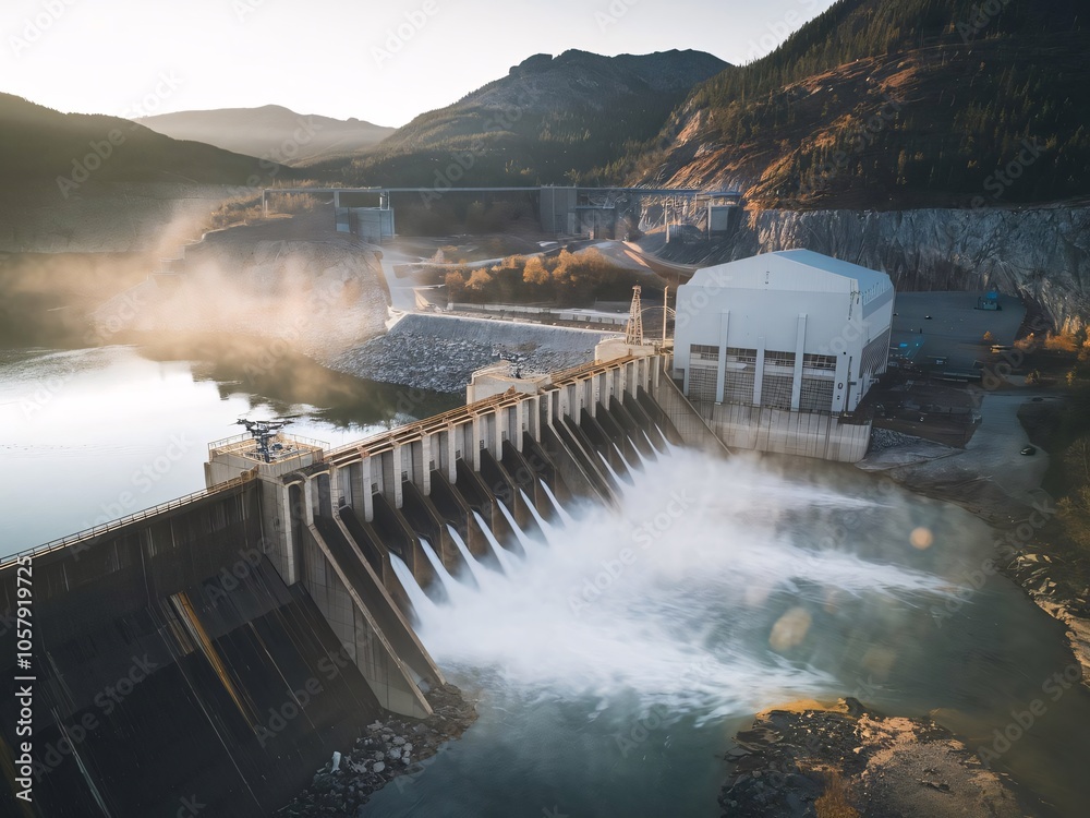 Drones surveying a hydroelectric power plant built next to a massive ...