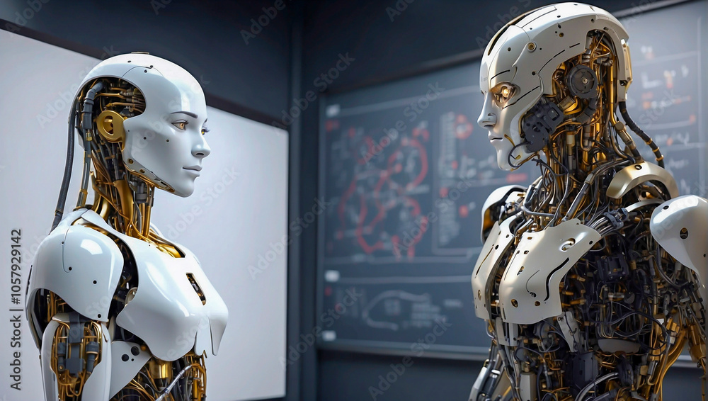 Two advanced humanoid robots with exposed mechanical components and sleek white exteriors engage ...