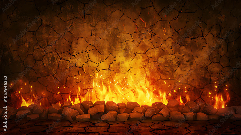 Fireplace with burning flames and glowing embers on a stone hearth ...
