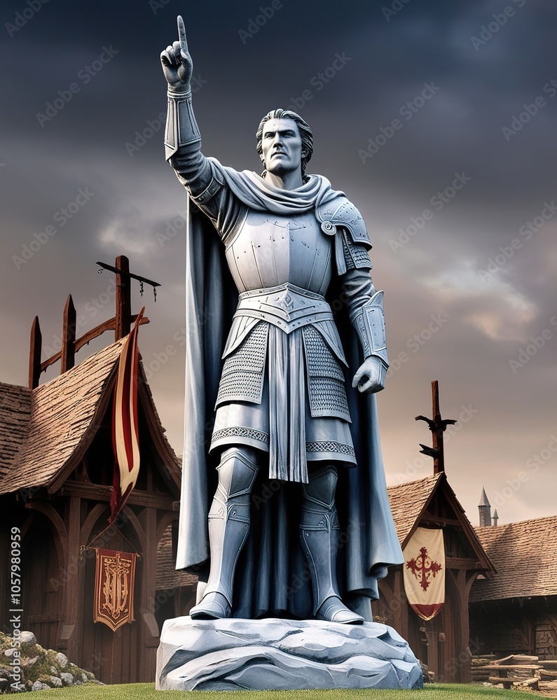 A stoic statue of a Roman man stands proudly, one arm extended upward ...