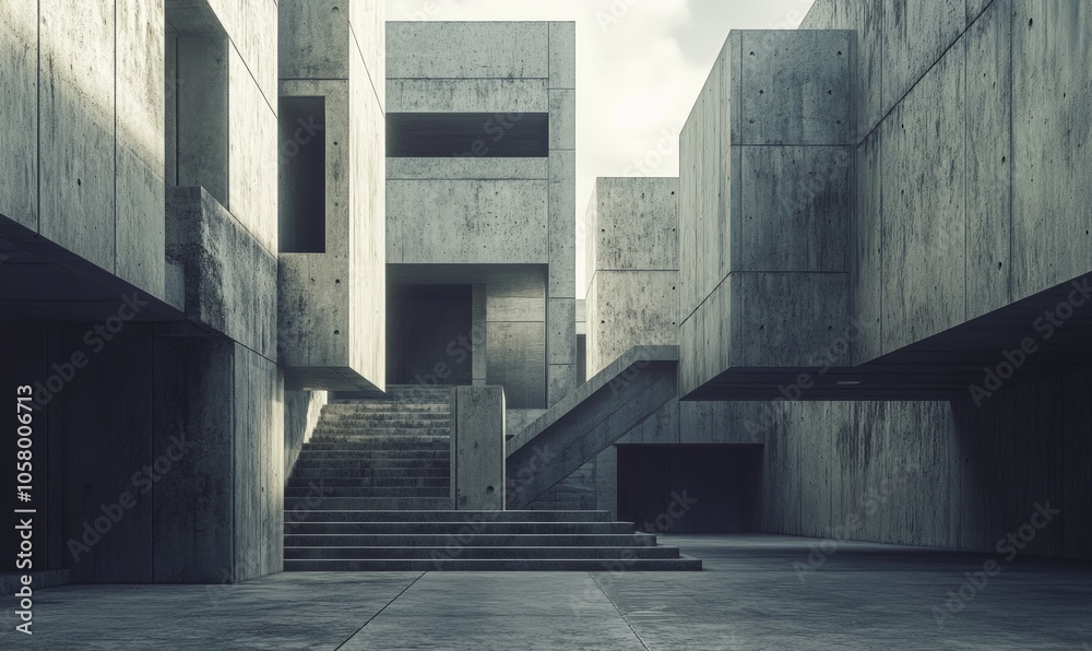 Brutalist government building with fortress-like concrete walls, narrow ...