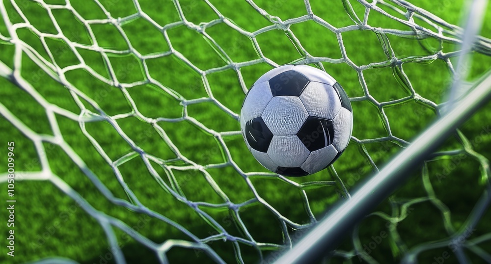 Soccer ball flying into the goal, captured in a close-up, top-down ...