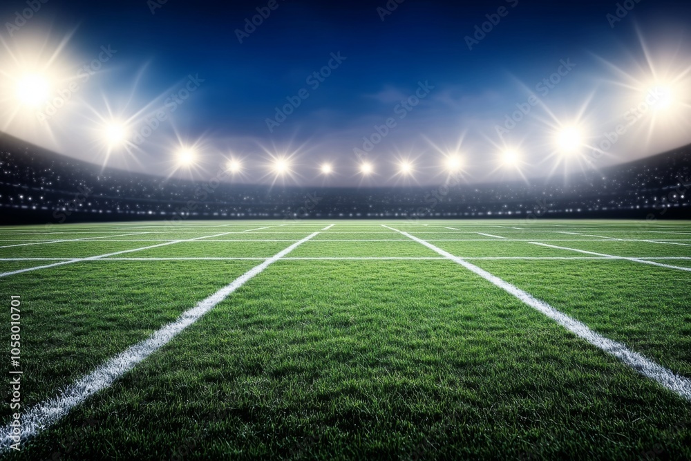 Illuminated football field under bright stadium lights with a night sky ...