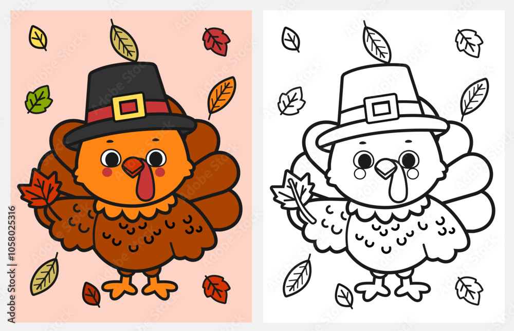 Cute cartoon turkey coloring page for kids, autumn, fall coloring pages ...
