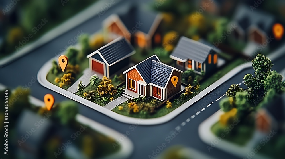 Miniature Toy Model Houses in Suburban Neighborhood with Location Pins ...