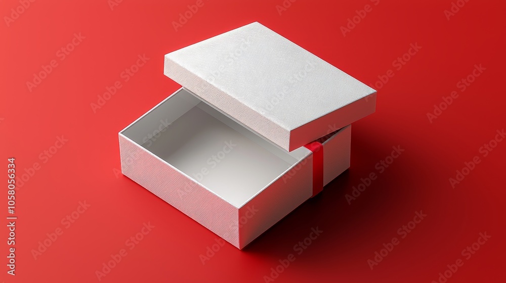 Isometric view of a white box with red ribbon, lid ajar, clean and ...