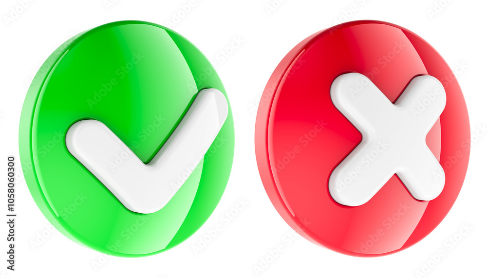 Green tick symbol and cross sign in the circles, 3D rendering isolated ...