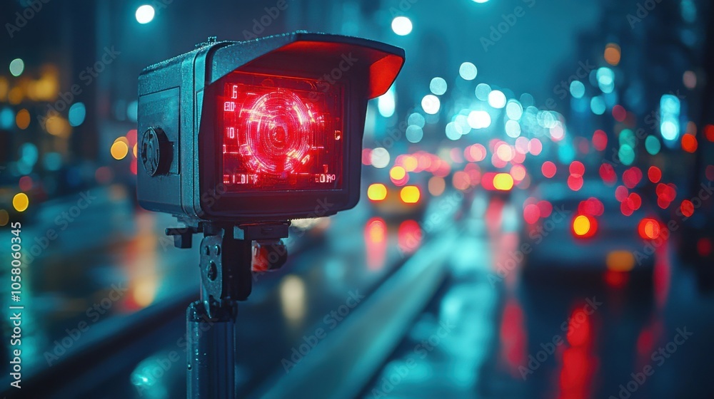Red light traffic camera on rainy evening, urban street view ...