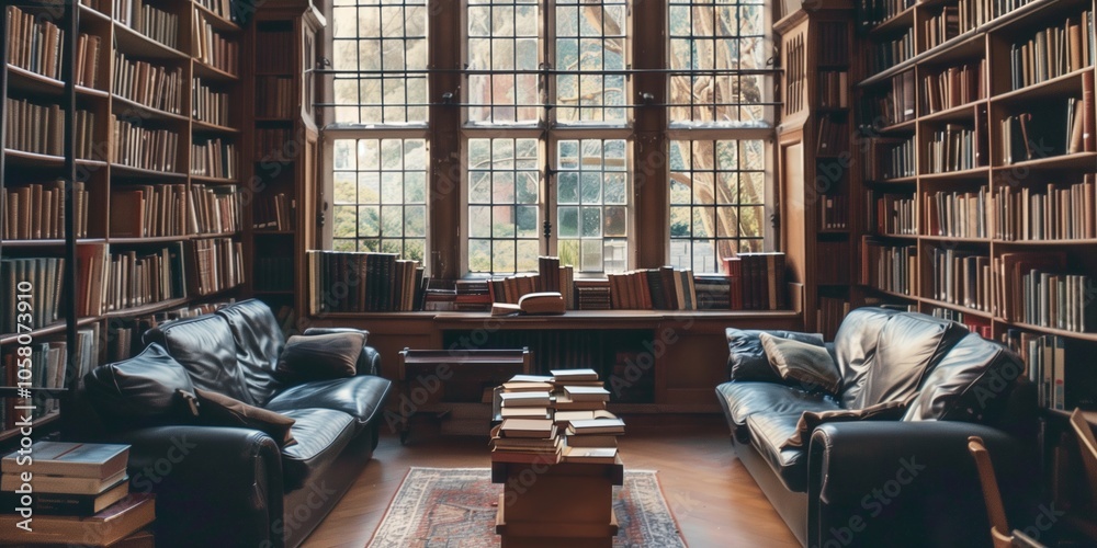 Classic library with leather sofas, tall bookshelves, large windows ...