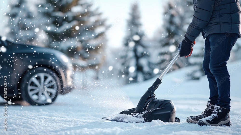 A man operates a snow blower to remove deep snow from cars and a ...