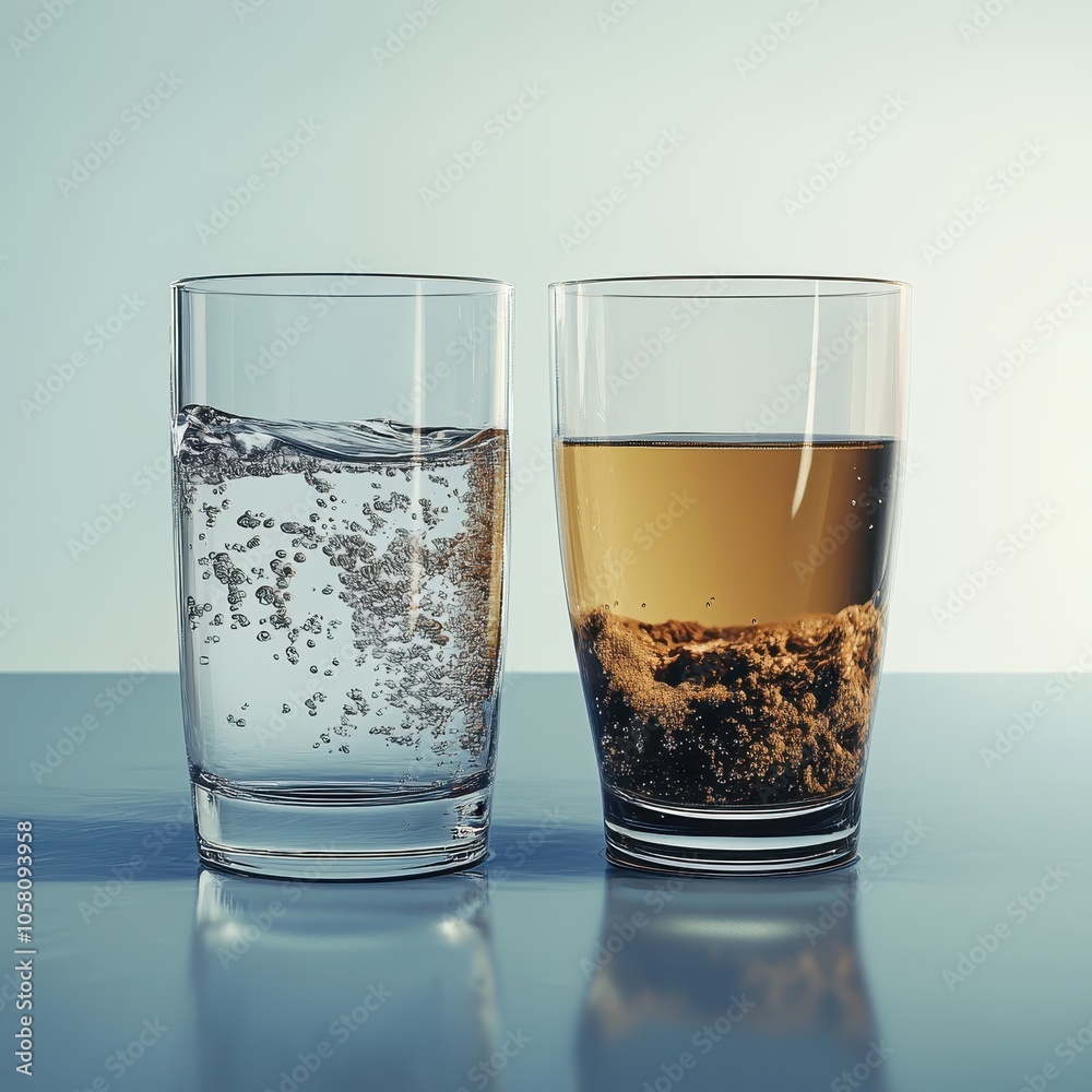 Two Glasses of Water, One Clear, One with Sediment, Conceptual Image of ...