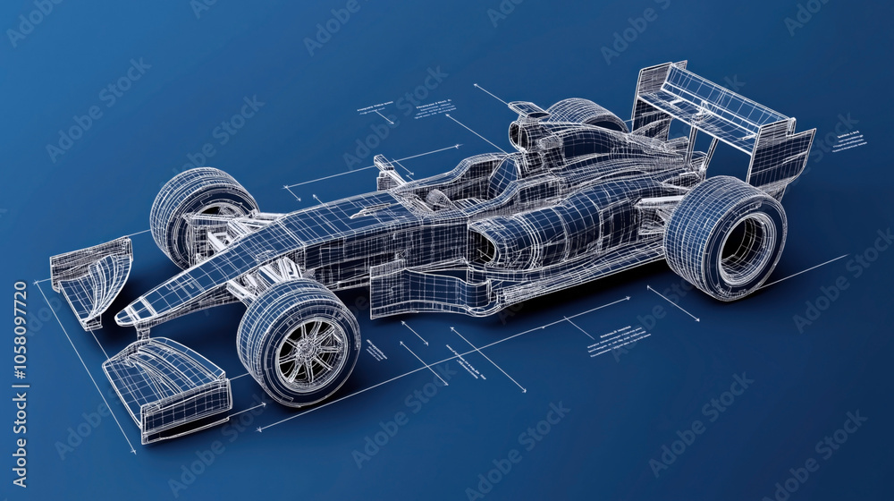 3D wireframe model of a formula racing car with technical ...