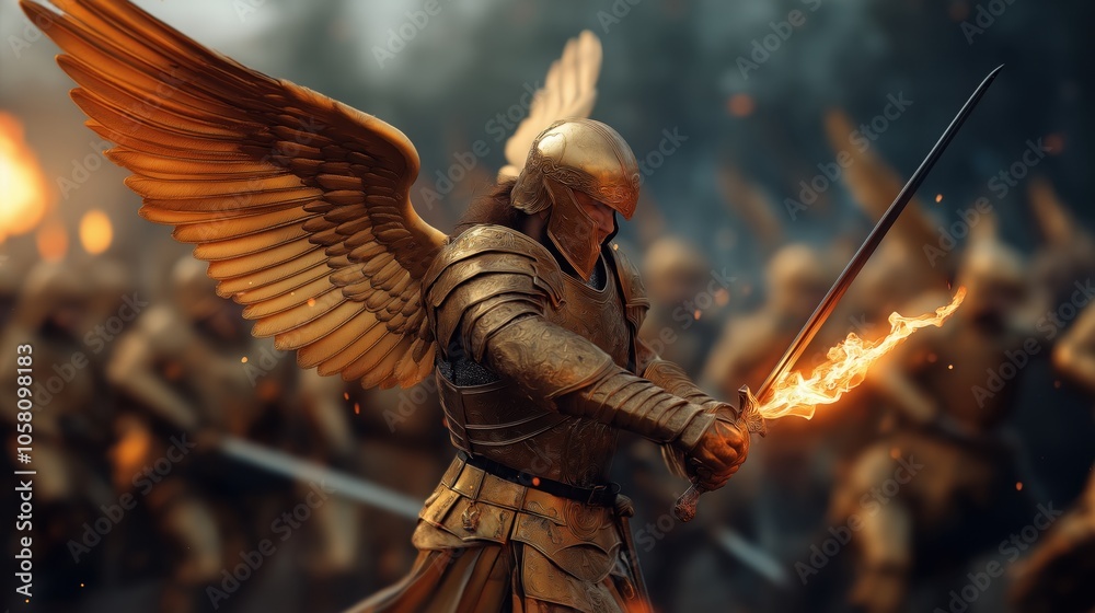 A winged armored warrior holding a fiery sword, standing in front of a ...
